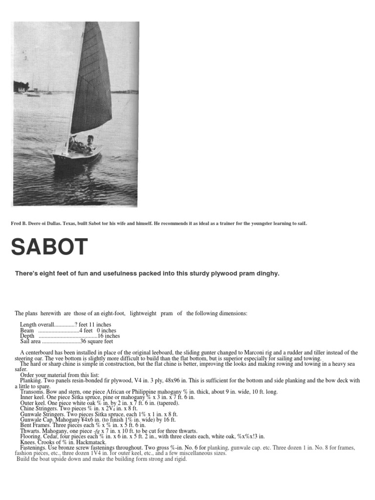 Sabot 8 FT Pram Dinghy | PDF | Plywood | Hull (Watercraft)
