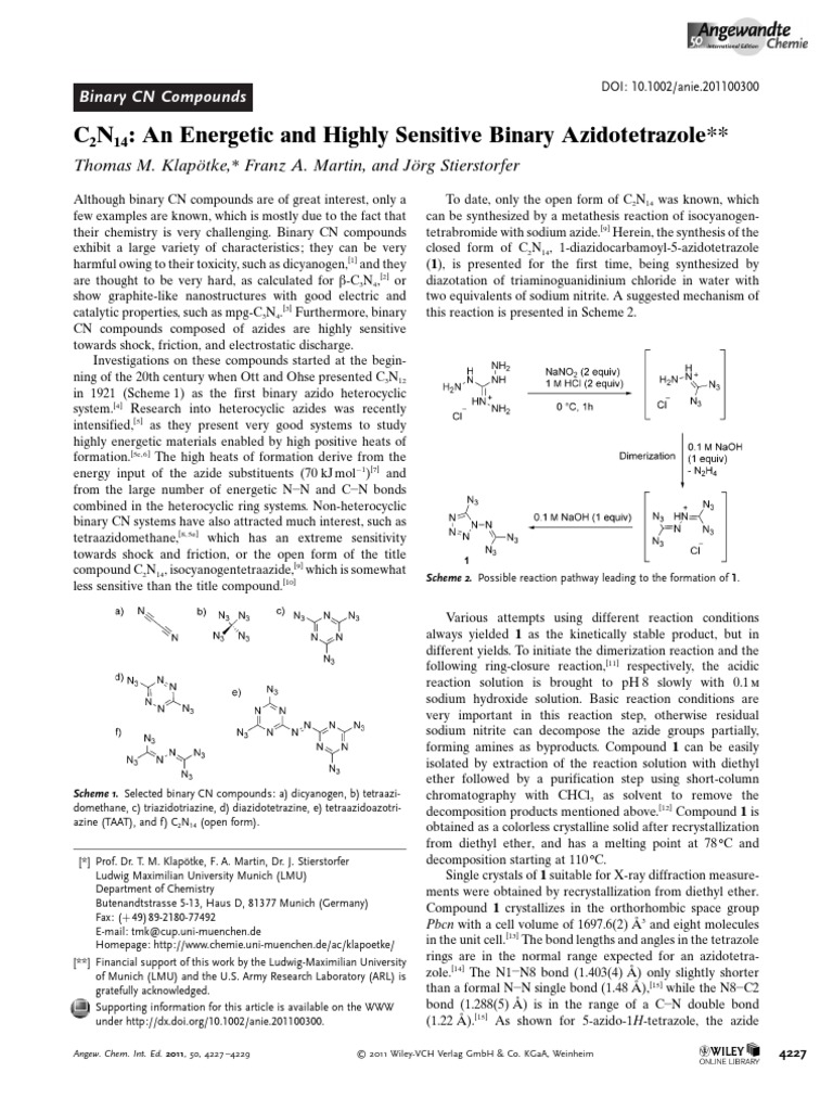 C2N14 An Energetic and Highly Sensitive Binary Azidotetrazole PDF | PDF ...