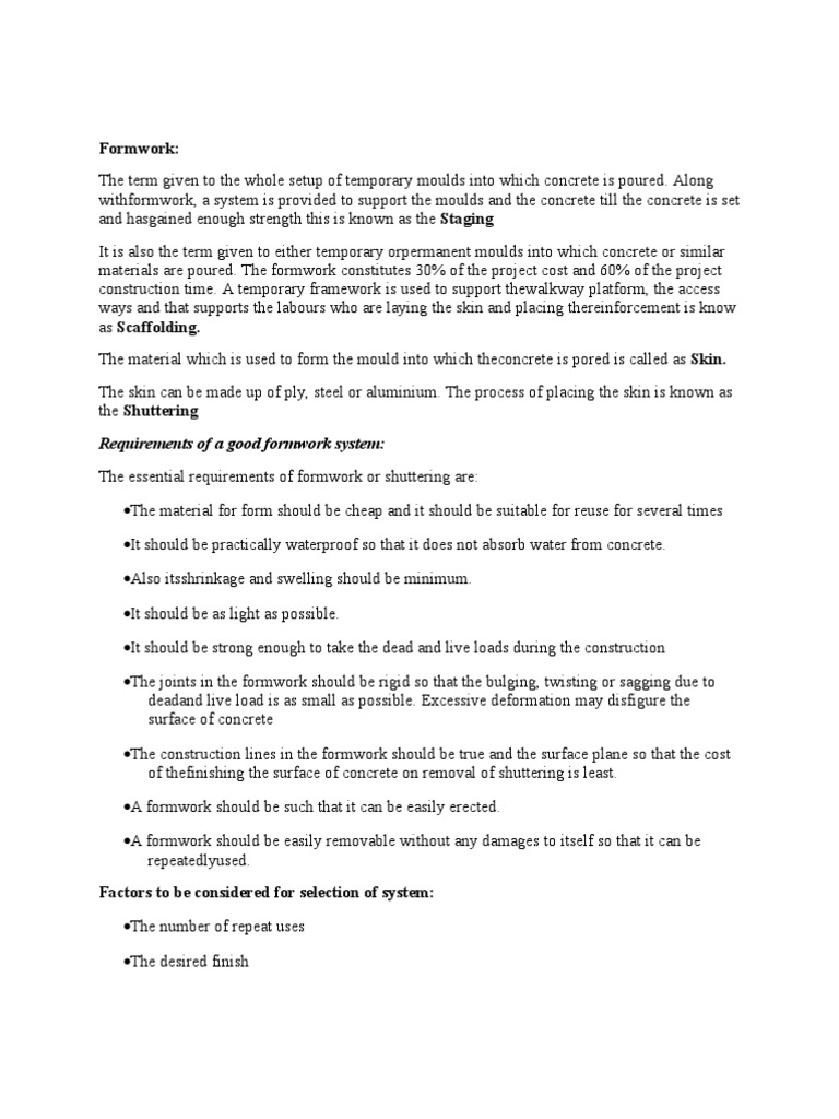 Formwork:: Requirements of A Good Formwork System | PDF | Concrete ...