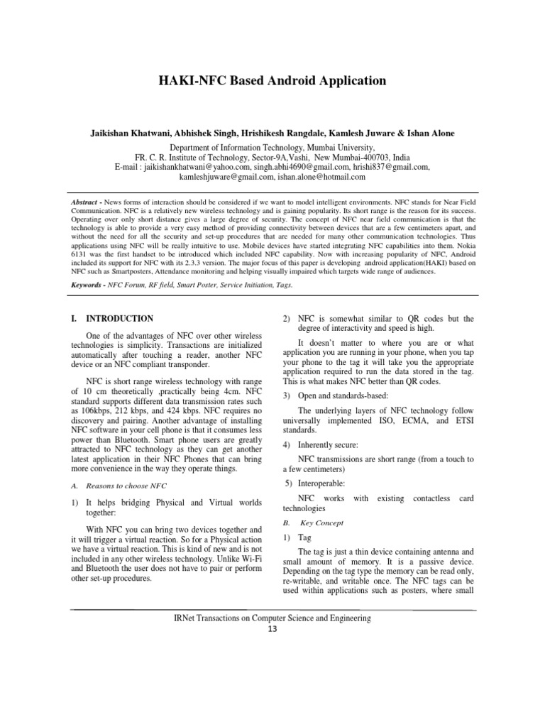HAKI-NFC Based Android Application: Jaikishan Khatwani, Abhishek Singh, Hrishikesh Rangdale ...