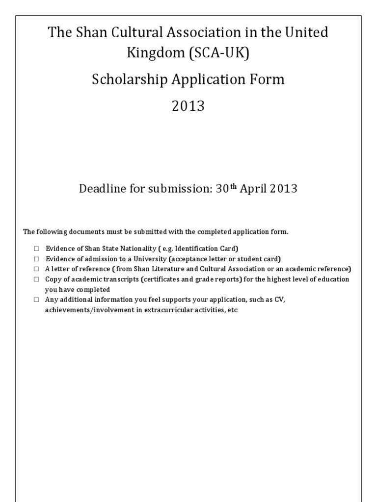 SCA-UK Scholarship Application Form - 2013 | PDF | Secondary School ...