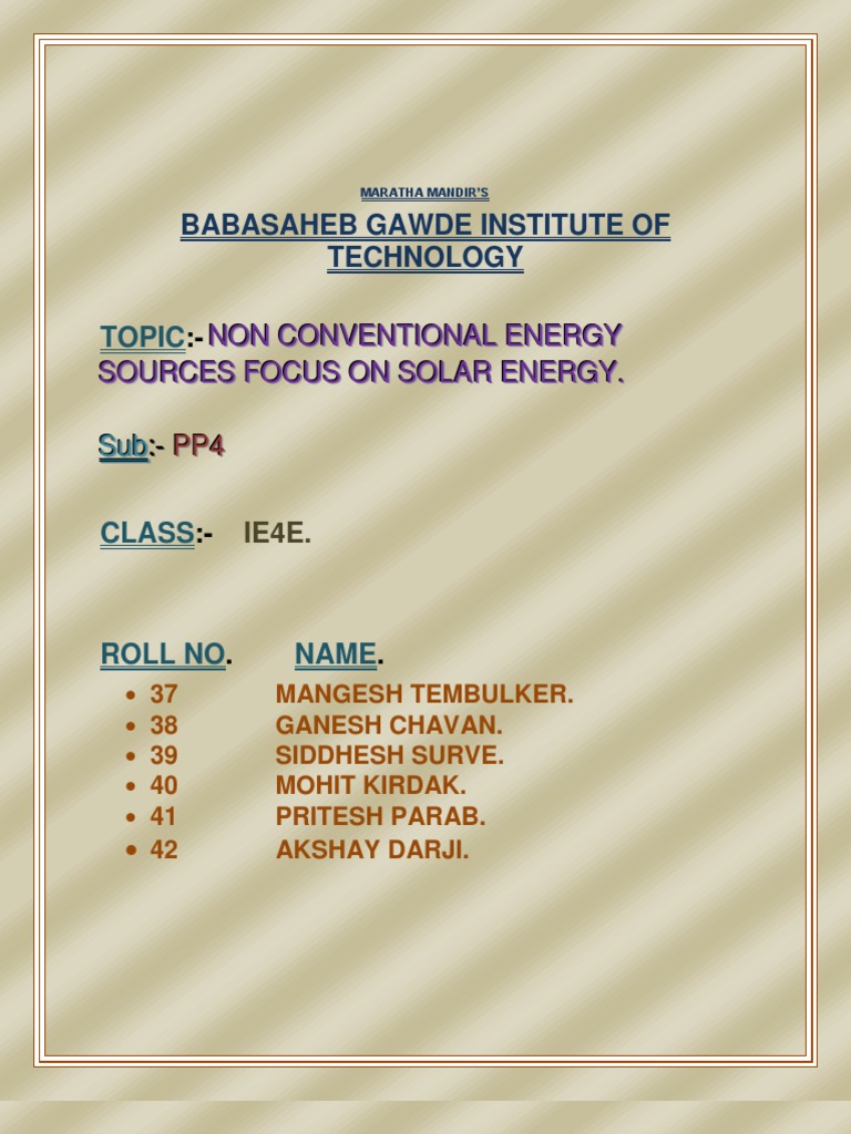 Non Conventional Energy Sources Focus On Solar Energy | PDF | Water ...