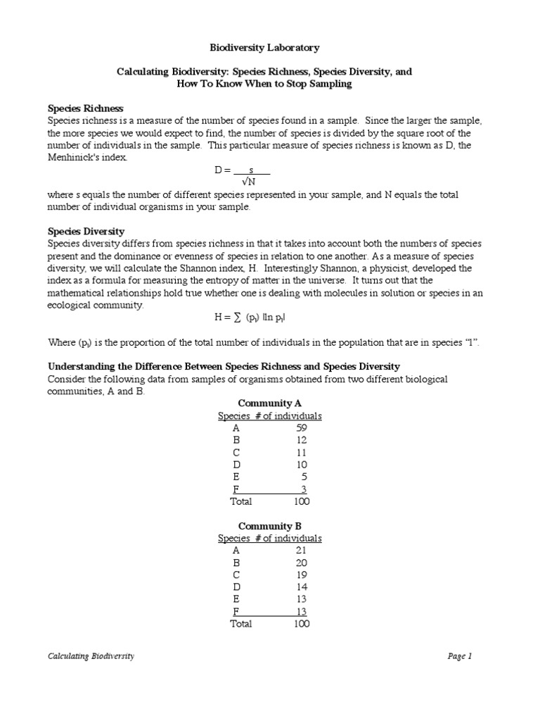 Calculating Biodiversity: Species Richness, Species Diversity ...