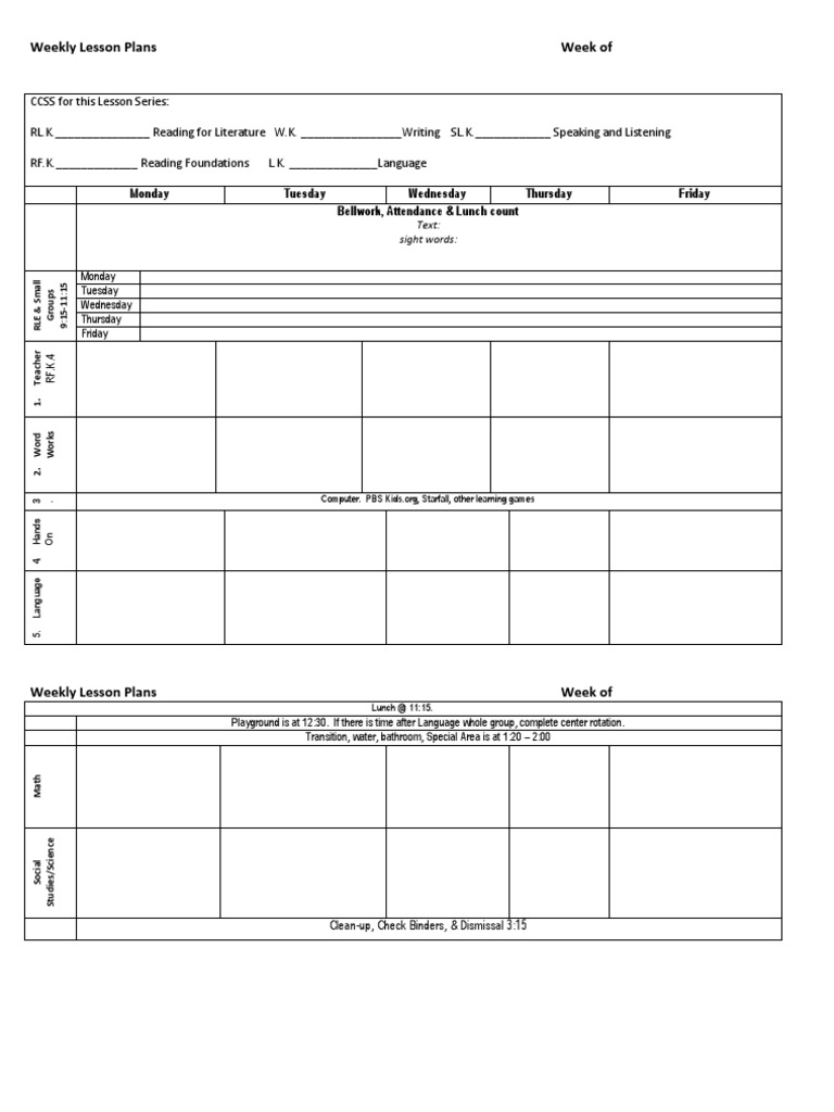 Weekly Lesson Plans Week Of: Monday Tuesday Wednesday Thursday Friday ...