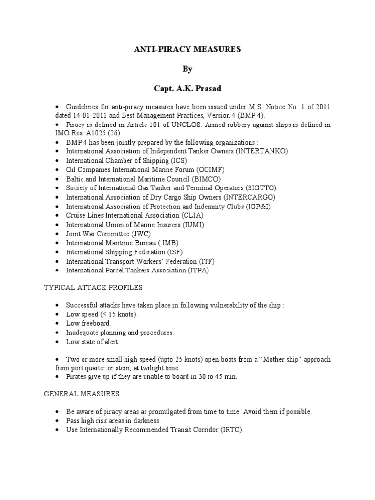 Anti-Piracy Measures by Capt. A.K. Prasad | PDF | Piracy | Ships