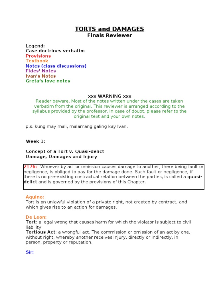 Torts and Damages | PDF | Negligence | Tort