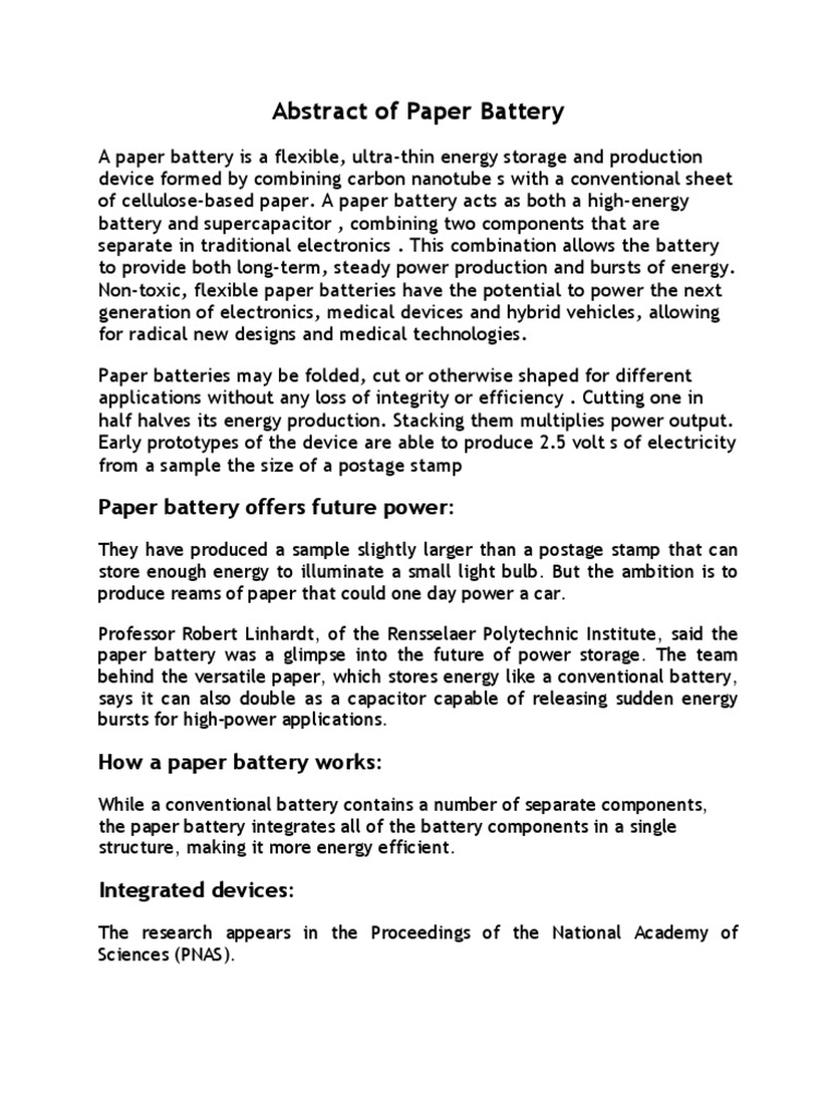 Paper Battery | PDF | Battery (Electricity) | Electricity