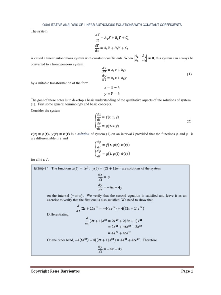 Qualitative Analysis of Linear Autonomous Systems With Constant Coefficients | PDF | Matrix ...