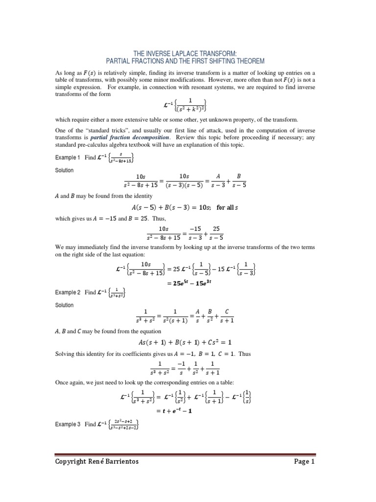 The Inverse Laplace Transform Partial Fractions and The First Shifting Theorem | PDF | Fraction ...