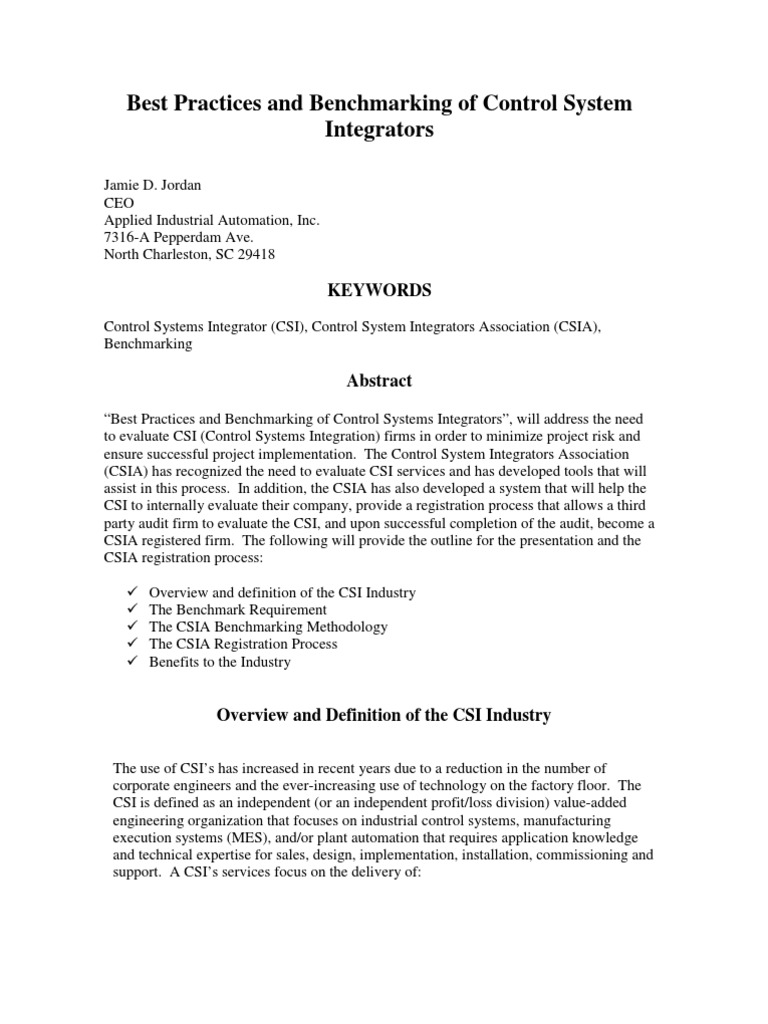 Best Practices and Bench Marking of Control System Integrator S | PDF ...