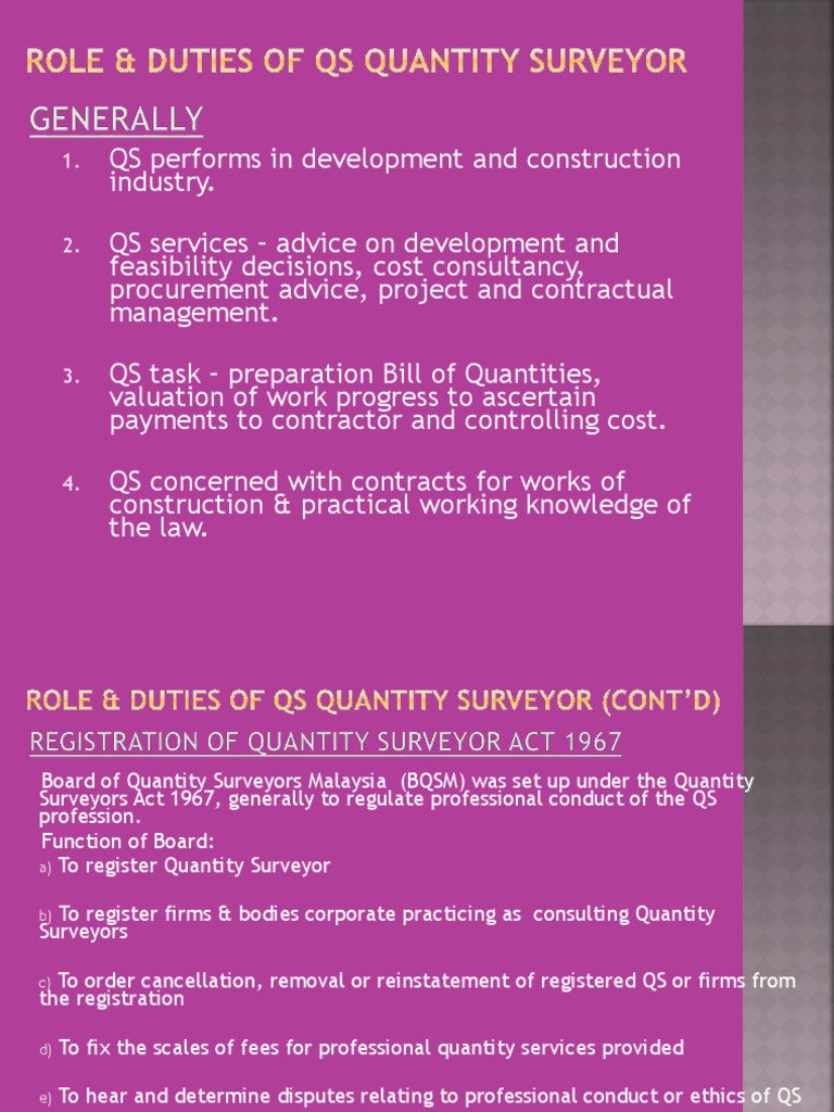 Topic 1 - Role & Duties of Qs | PDF | Real Estate Appraisal | Profession