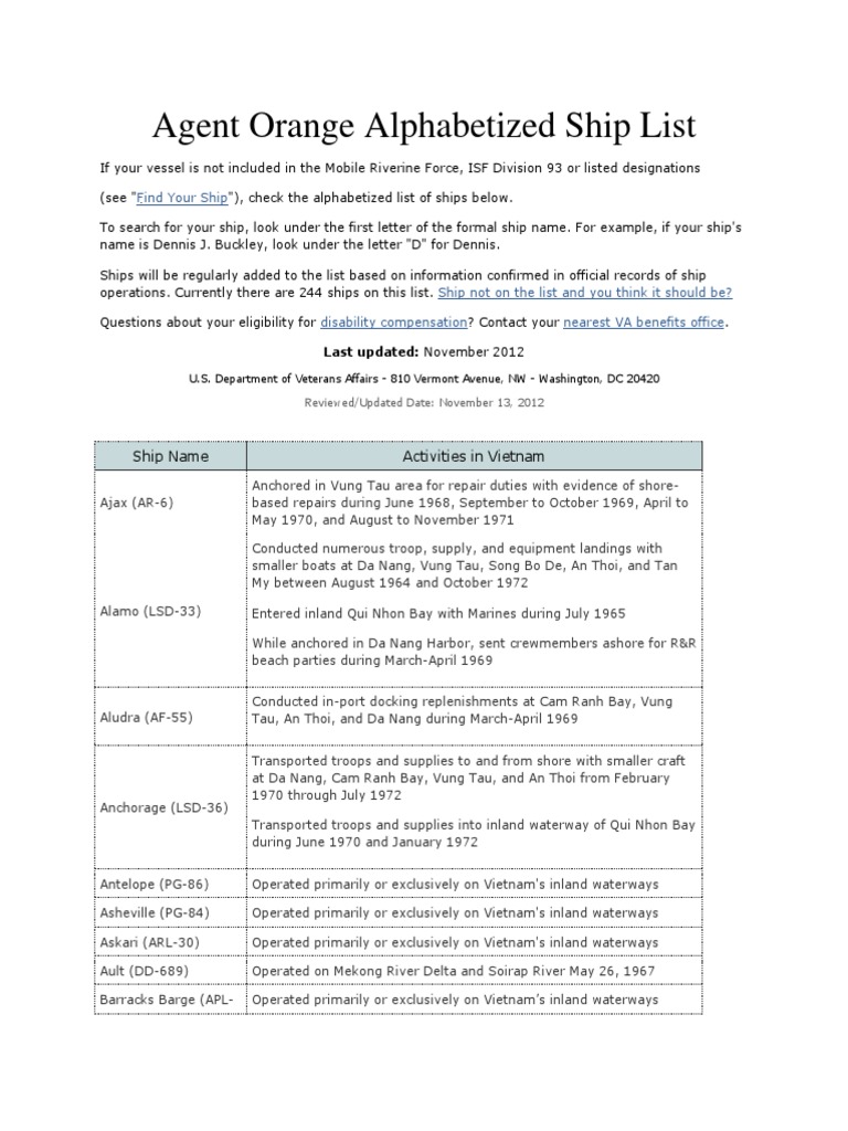 Agent Orange Ship List for Veterans | PDF | Water Transport | Ships