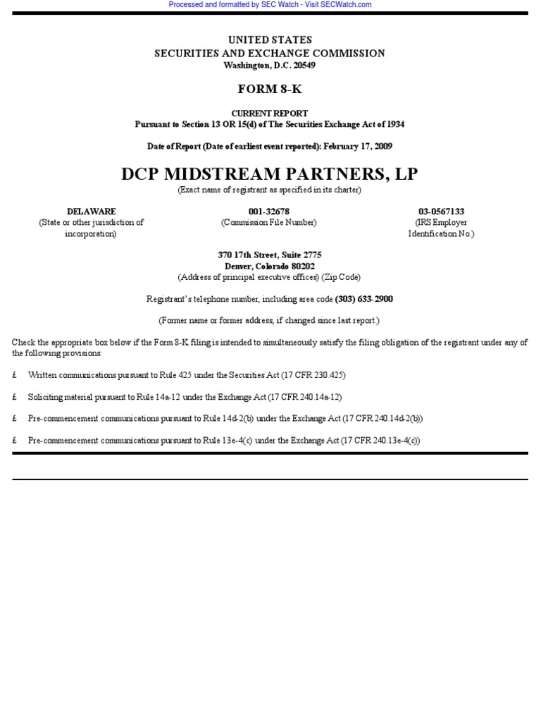 DCP Midstream Partners, LP 8-K (Events or Changes Between Quarterly ...