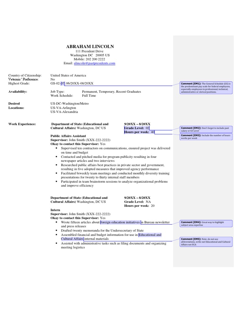 Federal Resume Sample | United States Department Of State | General ...