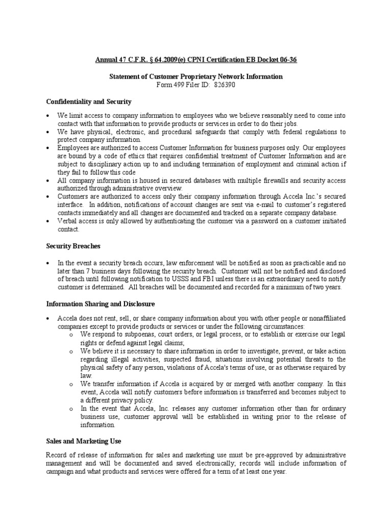 CPNI CERT Confidentiality and Security Statement | PDF ...