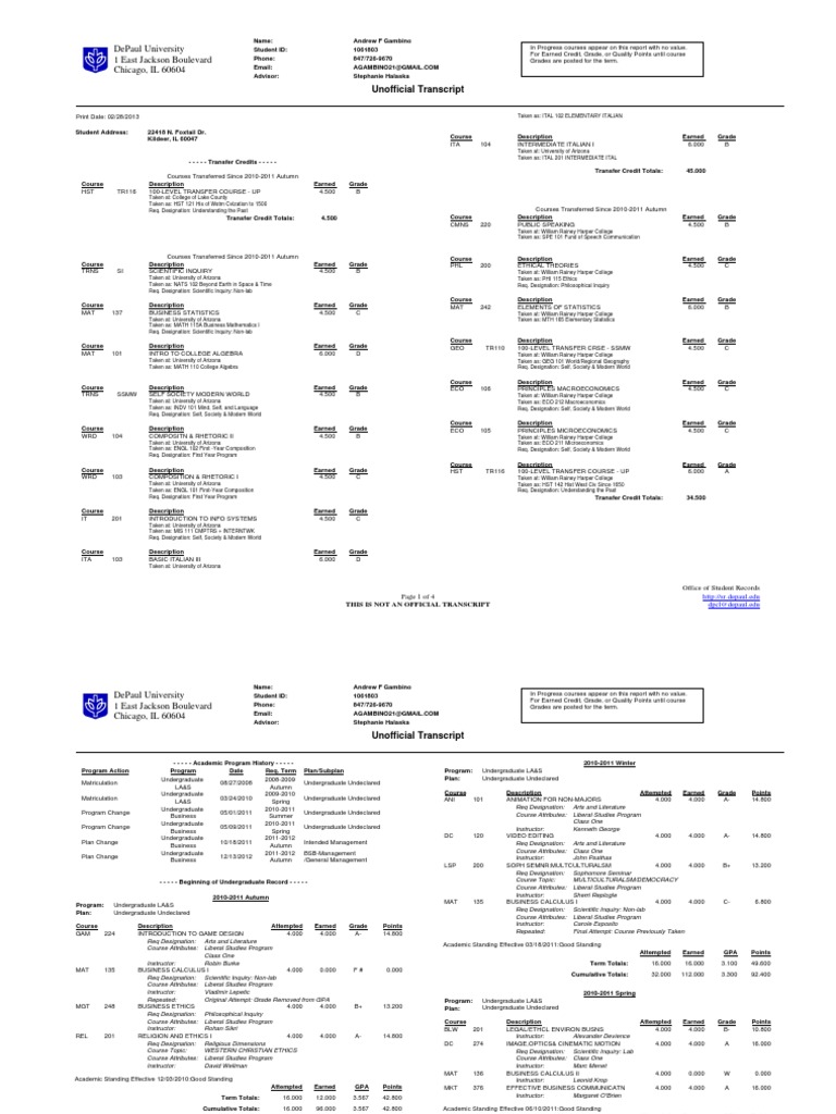 Depaul Unofficial Transcript | PDF | Grading (Education) | Academia