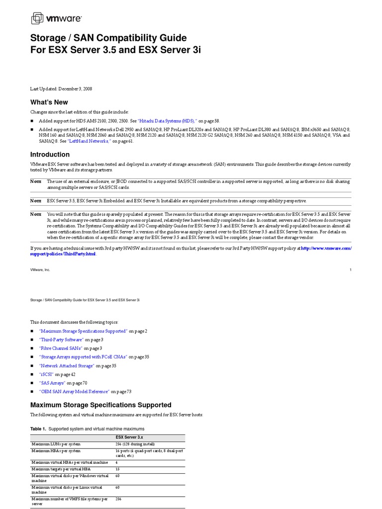 Storage SAN Compatibility Guide For ESX Server 3.5 and ESX Server 3i | PDF | Windows Server 2003 ...