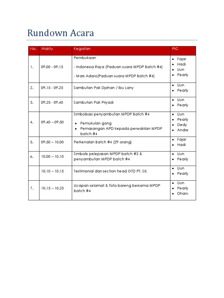 Rundown Acara Opening Ceremony MPDP | PDF
