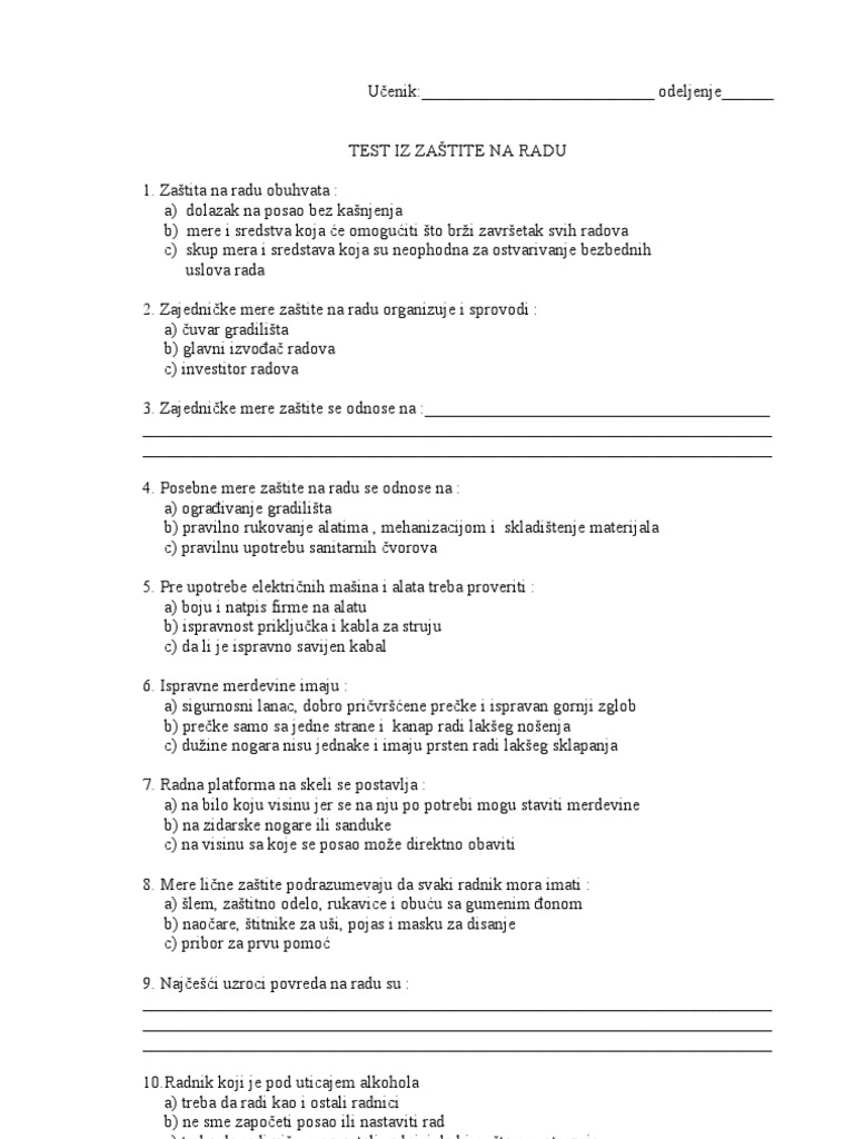 Test Iz Zaštite Na Radu | PDF