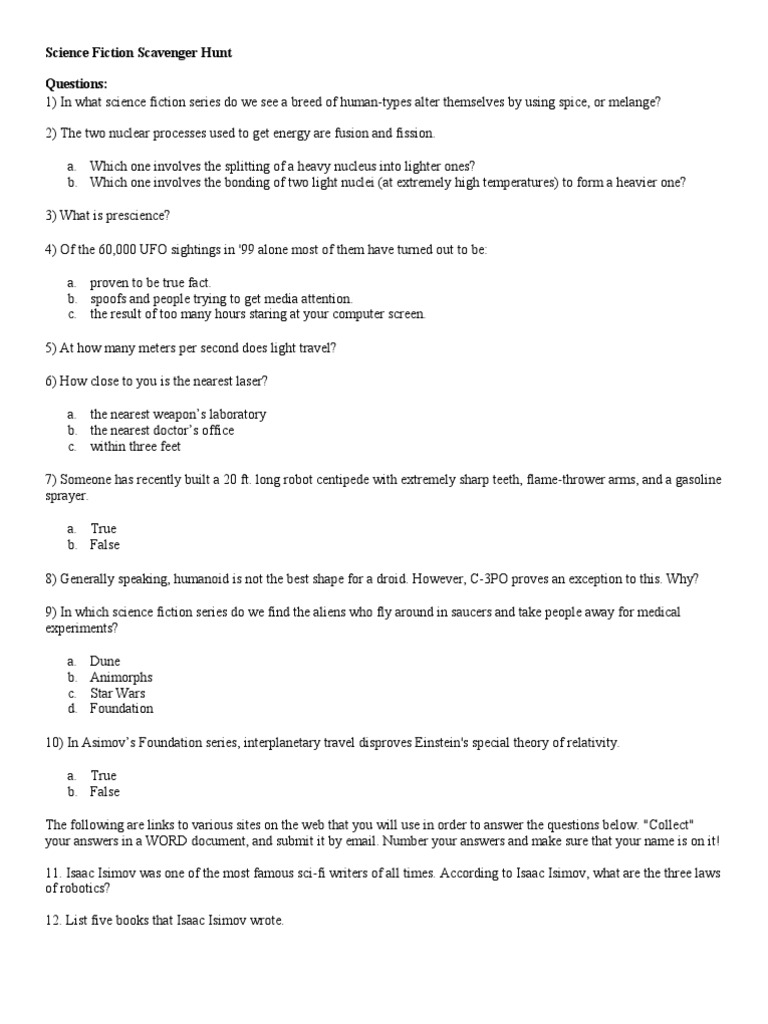 Sci-Fi Scavenger Hunt Answers | PDF | Isaac Asimov | Science Fiction