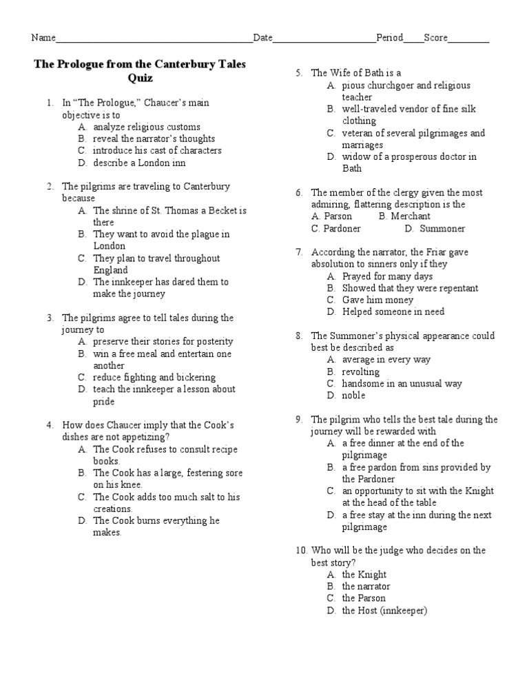 Canterbury Tales Prologue Quiz | PDF | The Canterbury Tales