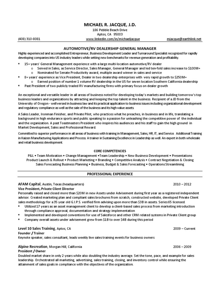 Michael Jacque Automotive RV General Manager Resume | Sales | Business