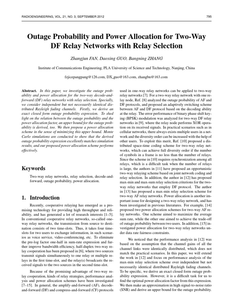 Outage Probability and Power Allocation For Two-Way DF Relay Networks With Relay Selection | PDF ...