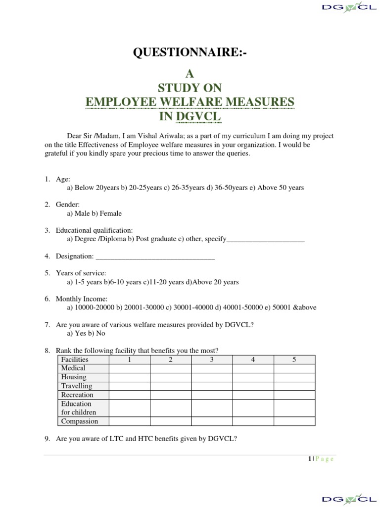 Questionnaire on Employee welfare measures. | Health Care | Public Health