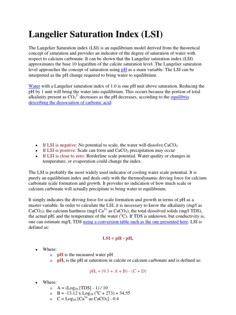 Langelier Saturation Index | PDF | Chemical Equilibrium | Ph