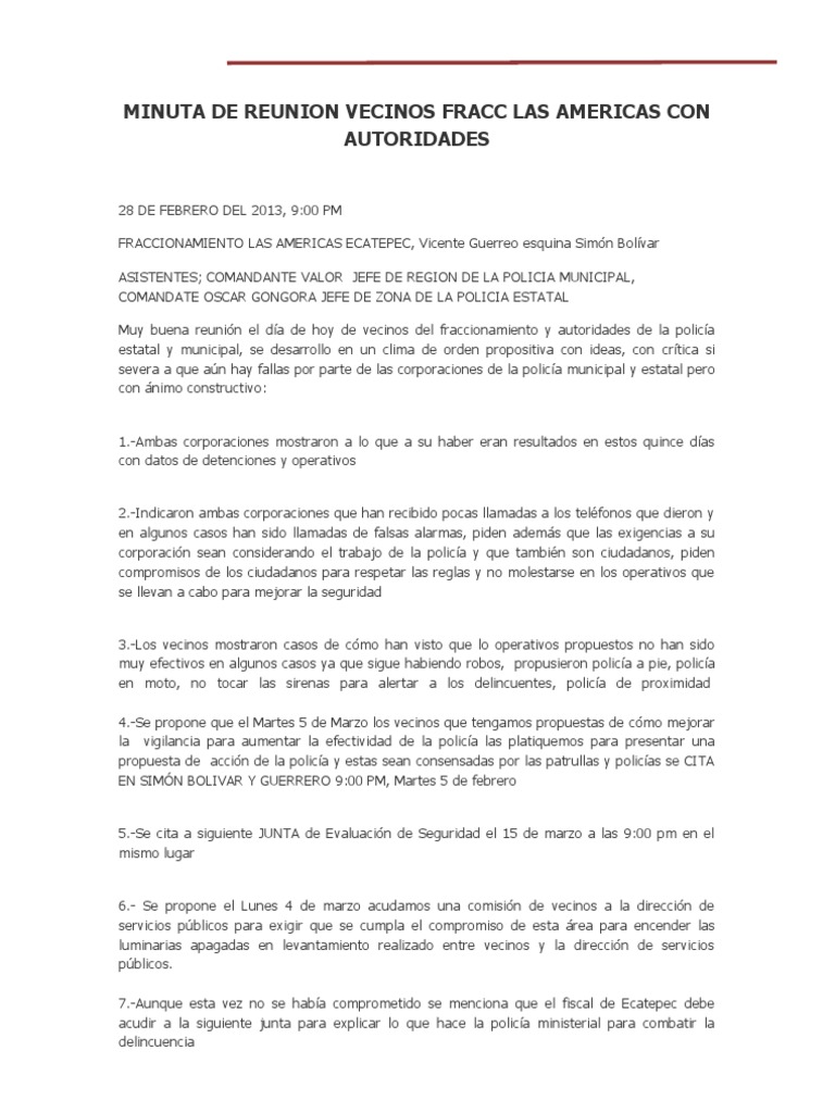 Minuta de Reunion Vecinos Fracc Las Americas Con Autoridades | PDF | Policía | Agitación