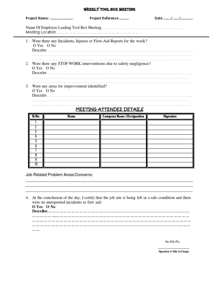 Weekly Saftey Tool Box Meeting | PDF