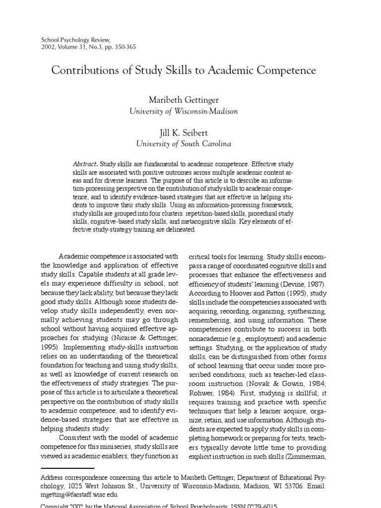 Instruct Contributions of Study Skills Gettinger 2002 | PDF ...