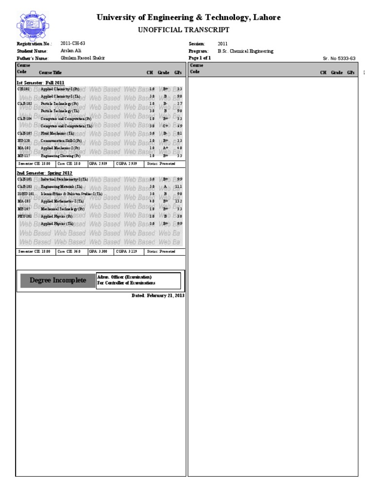 UET Lahore Unofficial Transcript B.Sc. | PDF