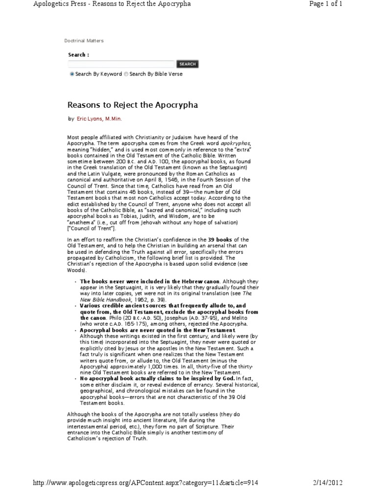 Reasons To Reject The Apocrypha | PDF | Apocrypha | Old Testament