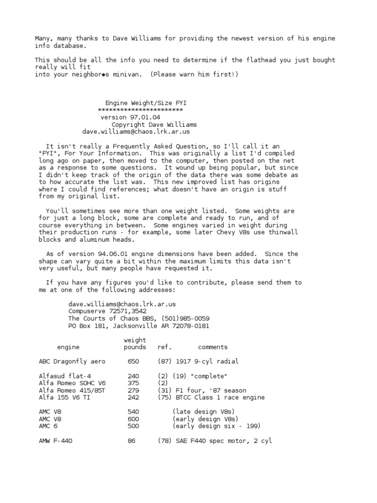 Engine Weights | PDF | V8 Engine | Auto Racing