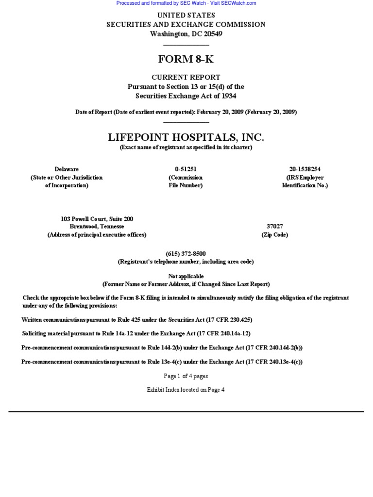LIFEPOINT HOSPITALS, INC. 8-K (Events or Changes Between Quarterly ...
