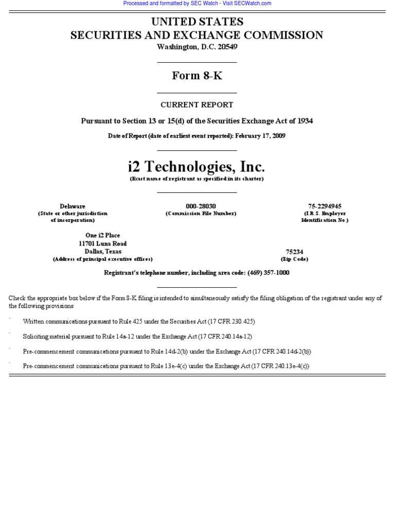 I2 TECHNOLOGIES INC 8-K (Events or Changes Between Quarterly Reports) 2009-02-20 | PDF | Vesting ...