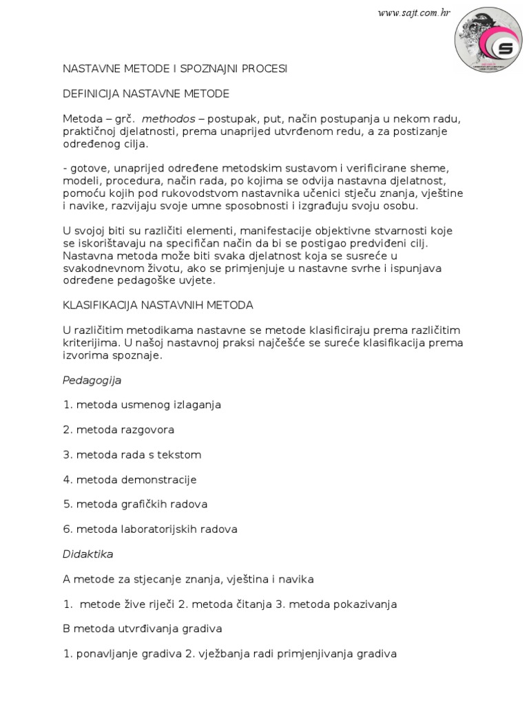 Nastavne Metode I Spoznajni Procesi | PDF