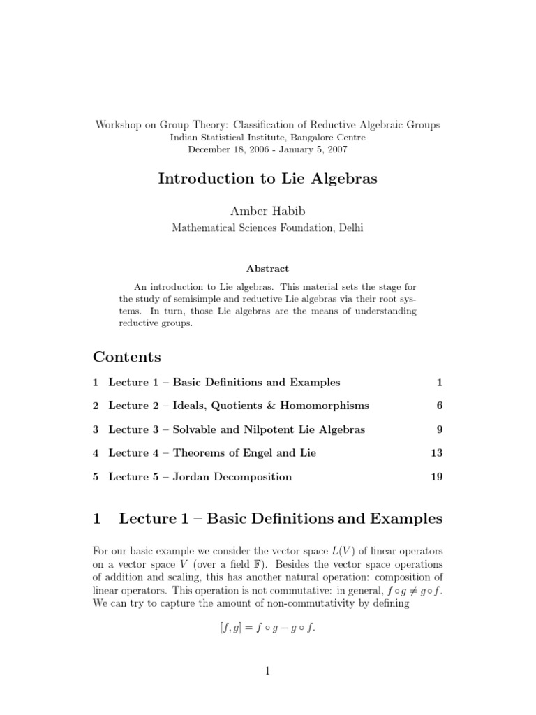 Introduction to Lie Algebras Workshop | PDF | Lie Algebra | Eigenvalues ...