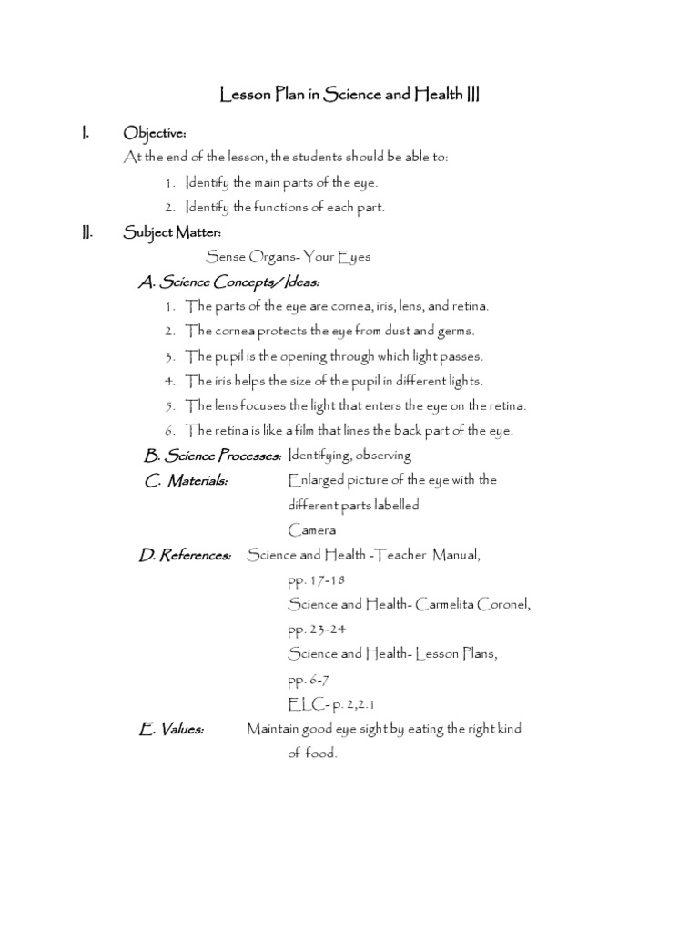 Lesson Plan in Science and Health III | PDF | Eye | Lesson Plan