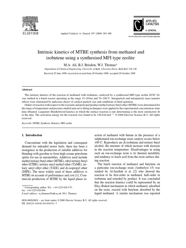 Intrinsic Kinetics of MTBE Synthesis From Methanol and Isobutene Using ...