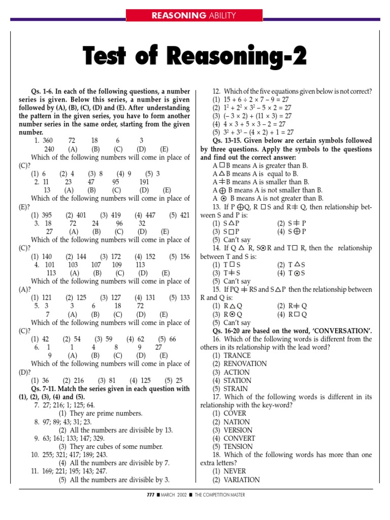Test of Reasoning-2: March 2002 The Competition Master | PDF | Teaching ...