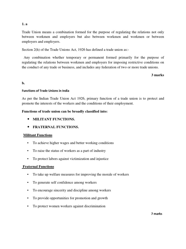 Functions of Trade Unions in India | PDF | Trade Union | Employment