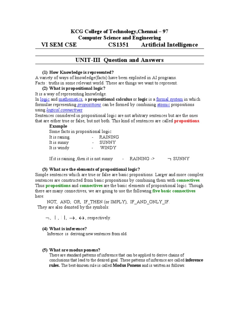VI SEM CSE CS1351 Artificial Intelligence UNIT-III Question and Answers ...