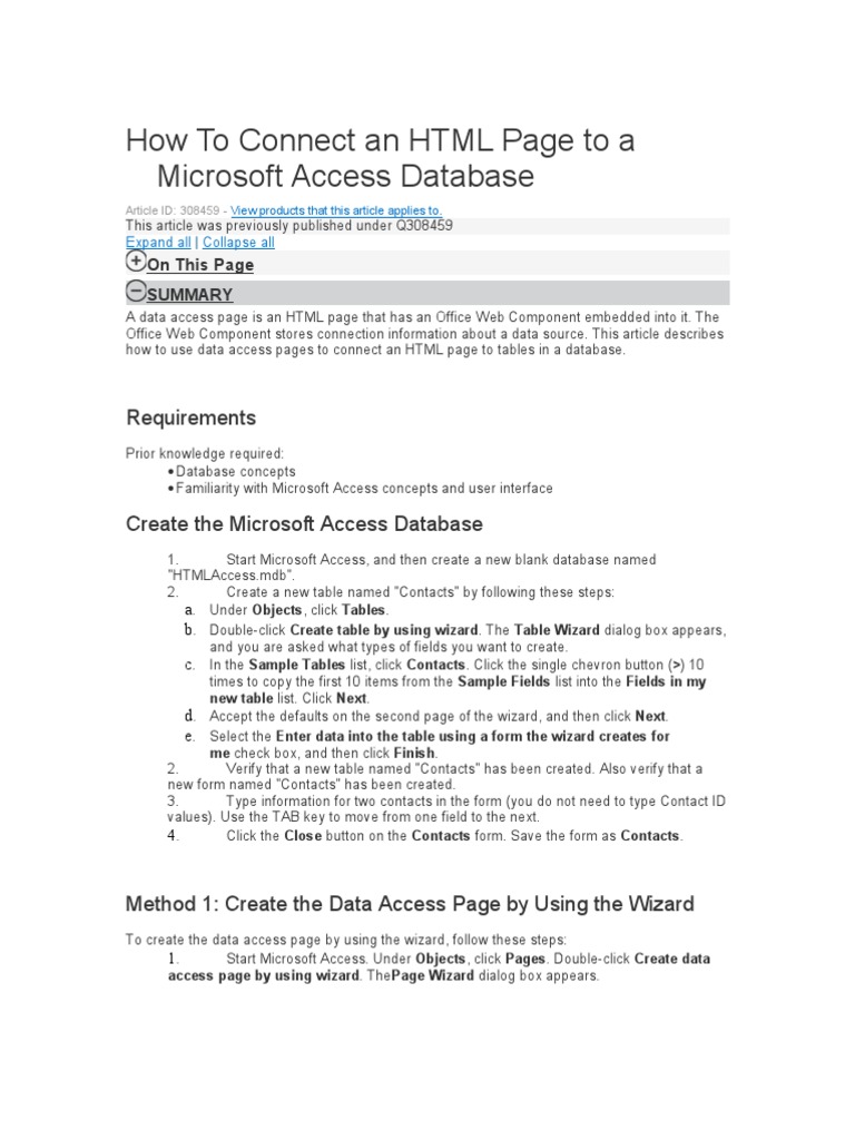 How To Connect An HTML Page To A Microsoft Access Database | PDF ...