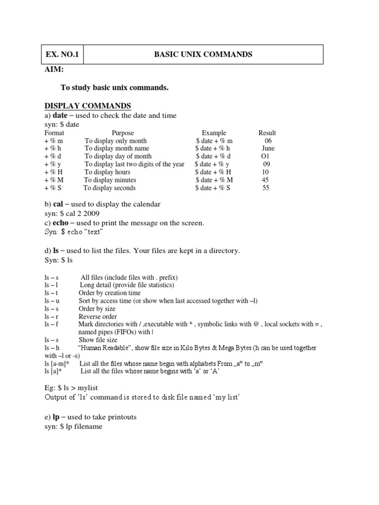 EX. NO.1 Basic Unix Commands Aim: To Study Basic Unix Commands. Display Commands | PDF ...
