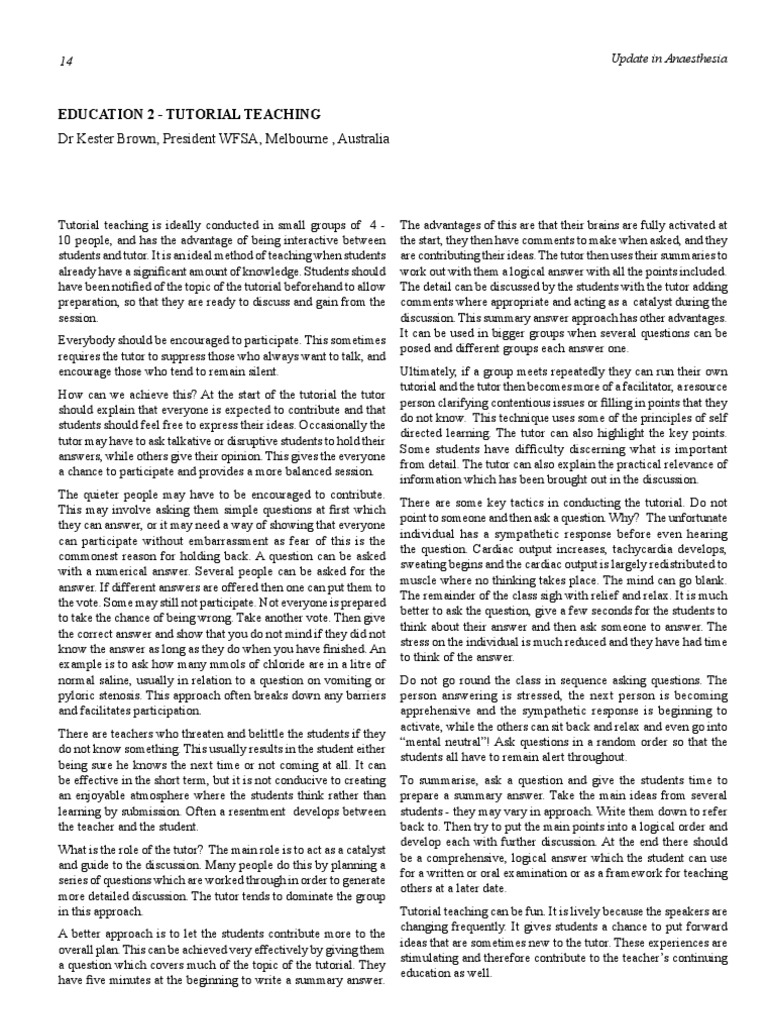 Education in Anaesthesia Part 2 Tutorial Teaching | PDF | Question ...