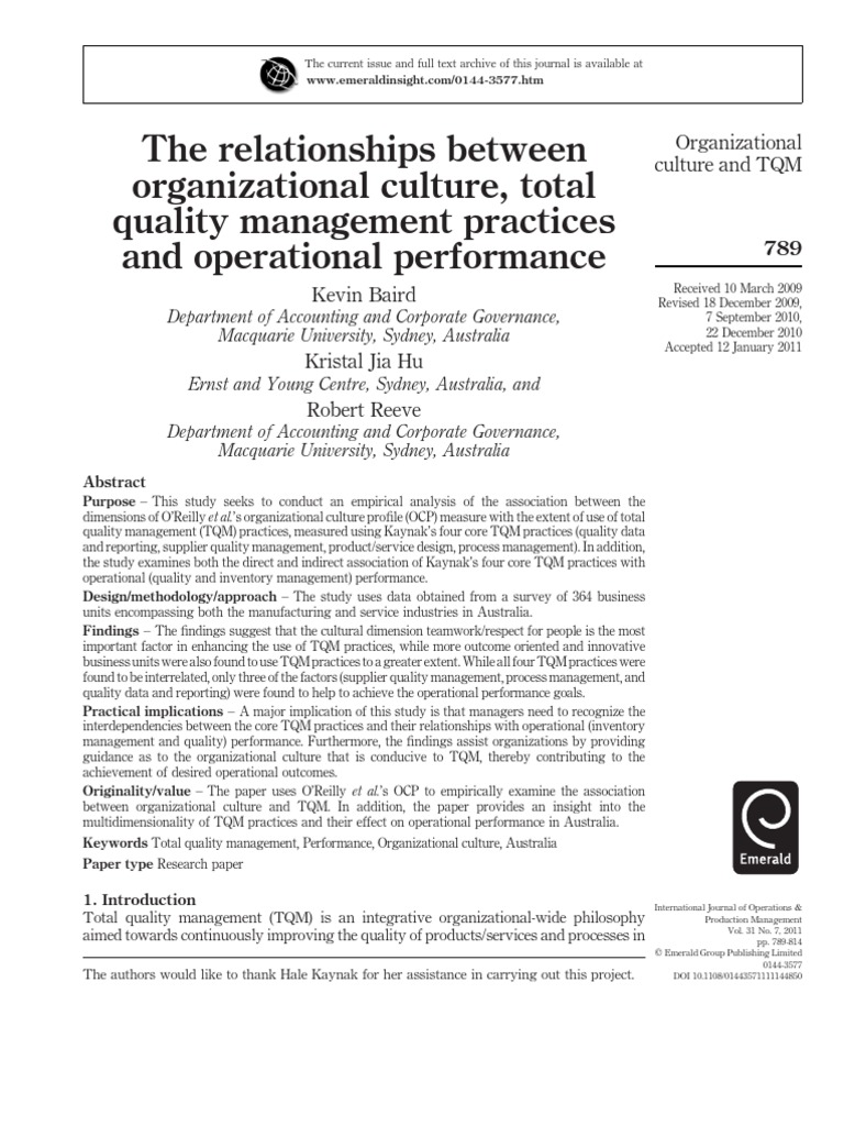 The Relationships Between Organizational Culture, Total Quality Management Practices and ...