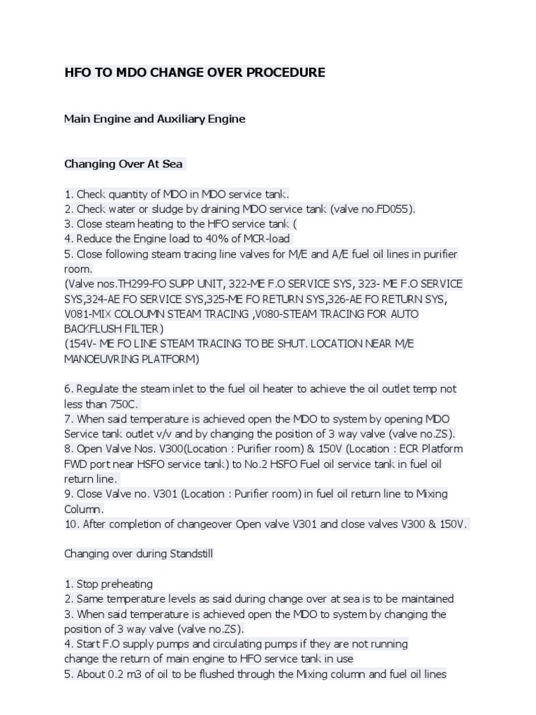 Hfo To Mdo Change Over Procedure | PDF | Fuel Oil | Fuels