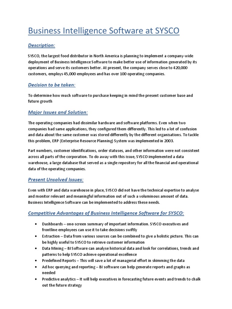 Business Intelligence Software at SYSCO | PDF | Business Intelligence | Predictive Analytics